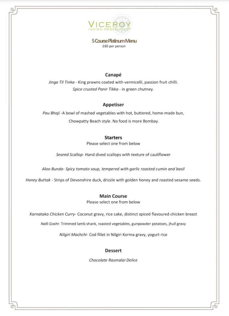Platinum Menu - Viceroy Restaurant Stafford